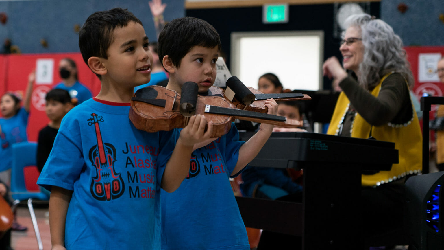 Juneau kindergartners play paper violins as part of music and Lingít ...