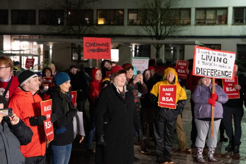 Protestors rally at the Alaska State Capitol for more school funding